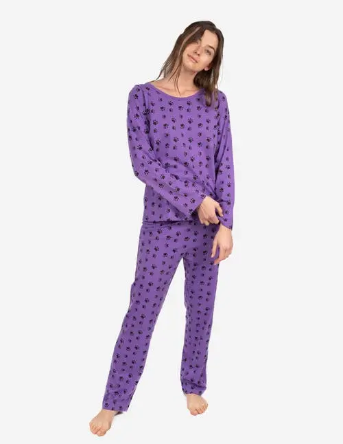 LEVERET Loose Fit Cotton Matching Family Pajamas - Dog Paw Purple