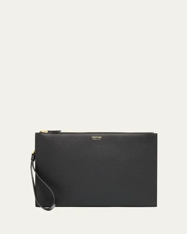 TOM FORD Leather Flat Pouch With Strap - Black