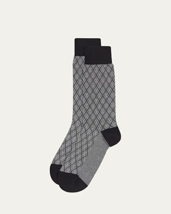 Pantherella Kingsley Diamond Check Jacquard Calf-length Socks - Black