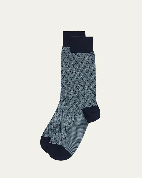 Pantherella Kingsley Diamond Check Jacquard Calf-length Socks - Navy