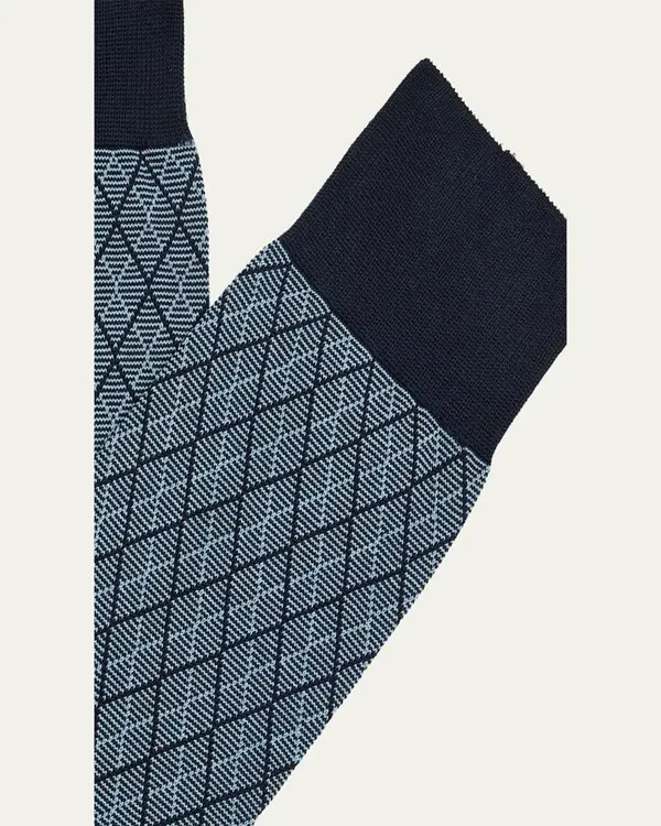 Pantherella Kingsley Diamond Check Jacquard Calf-length Socks - Navy