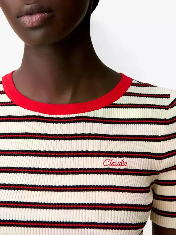 Claudie Pierlot Striped Embroidered Logo T-shirt