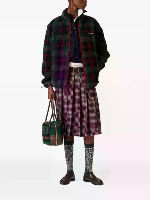 Miu Miu Checkered Teddy Fleece Jacket - Green