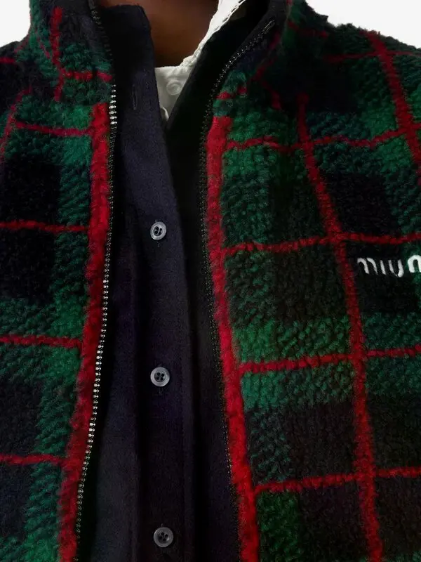 Miu Miu Checkered Teddy Fleece Jacket - Green