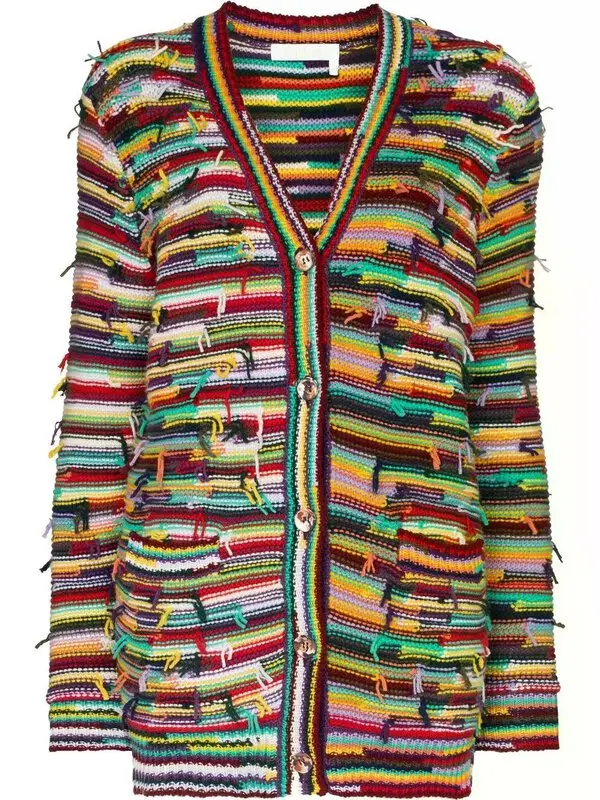 Chloé Striped Distressed Cardigan - Red