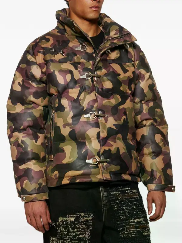 THUG CLUB Camouflage Pattern Leather Puffer Jacket