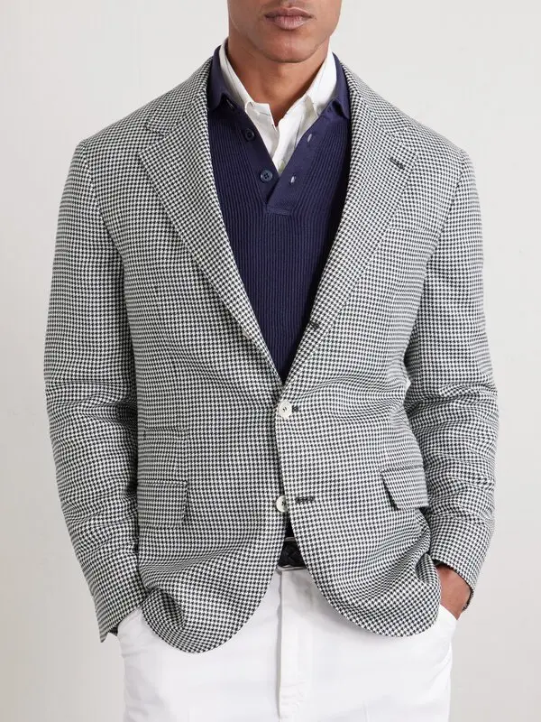 Brunello Cucinelli Houndstooth Wool, Linen And Silk-blend Blazer