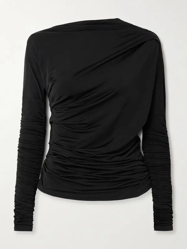 GANNI Asymmetric Draped Satin-jersey Top - Black