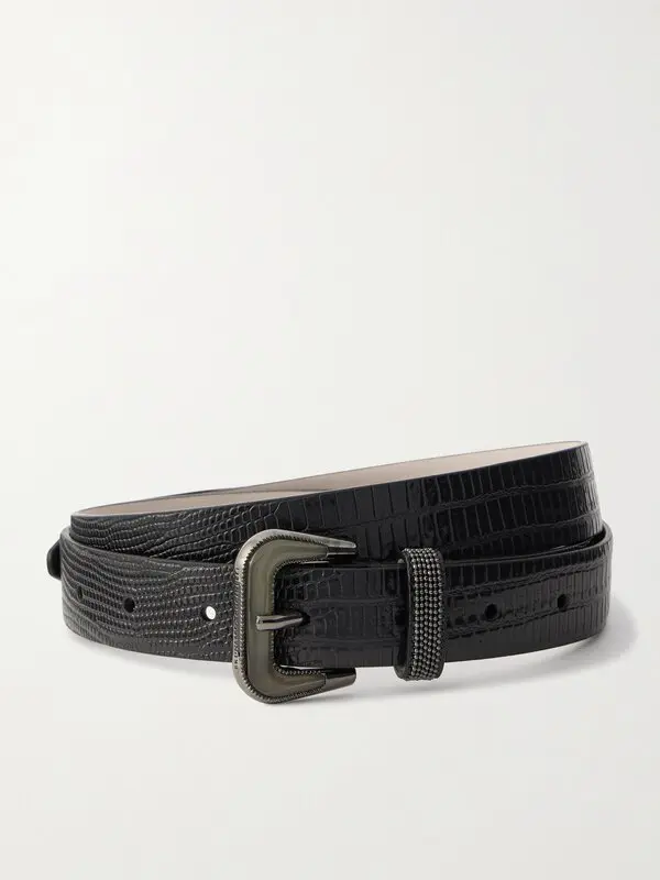 Brunello Cucinelli Lizard-effect Patent-leather Belt - Black