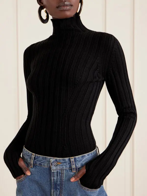Alaïa Ribbed Wool Turtleneck Bodysuit - Black