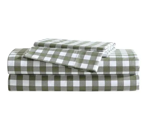 Eddie Bauer Preston Check Green Cotton Percale Full Sheet Set - One-color