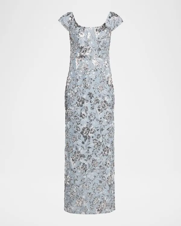 SACHIN BABI Metallic Floral Cloqué Column Gown - Pewter Gar