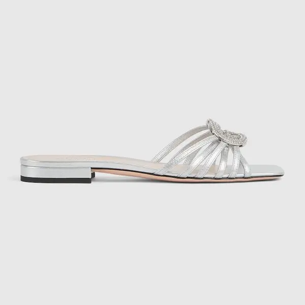Gucci Crystal Interlocking G Leather Slides - Silver