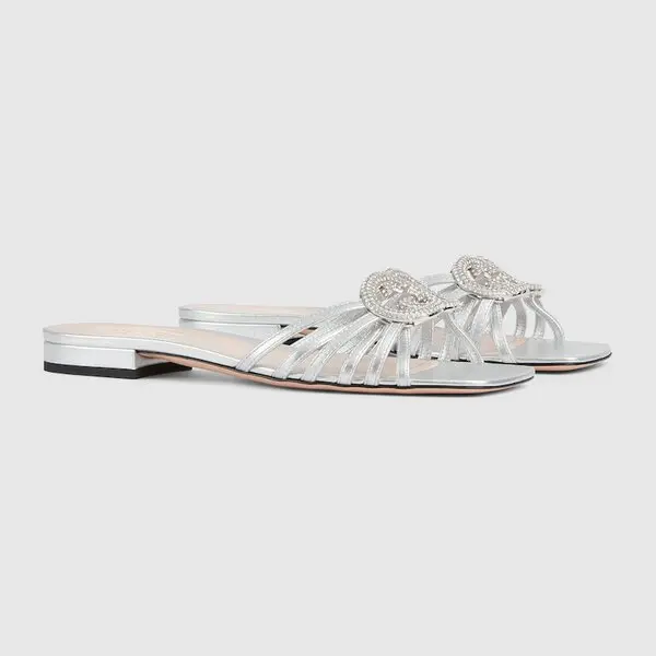 Gucci Crystal Interlocking G Leather Slides - Silver