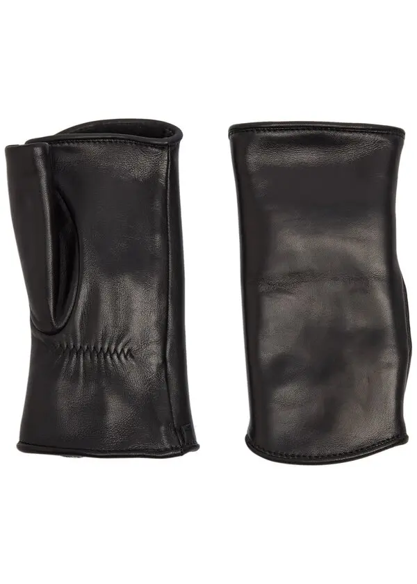 AGNELLE Pauline Leather Fingerless Mittens - Black