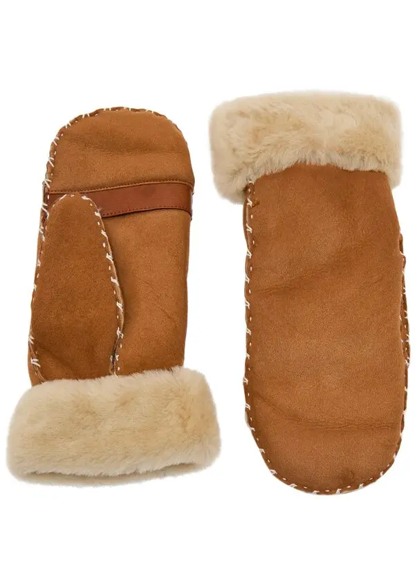 AGNELLE Alix Shearling-lined Suede Gloves - Tan