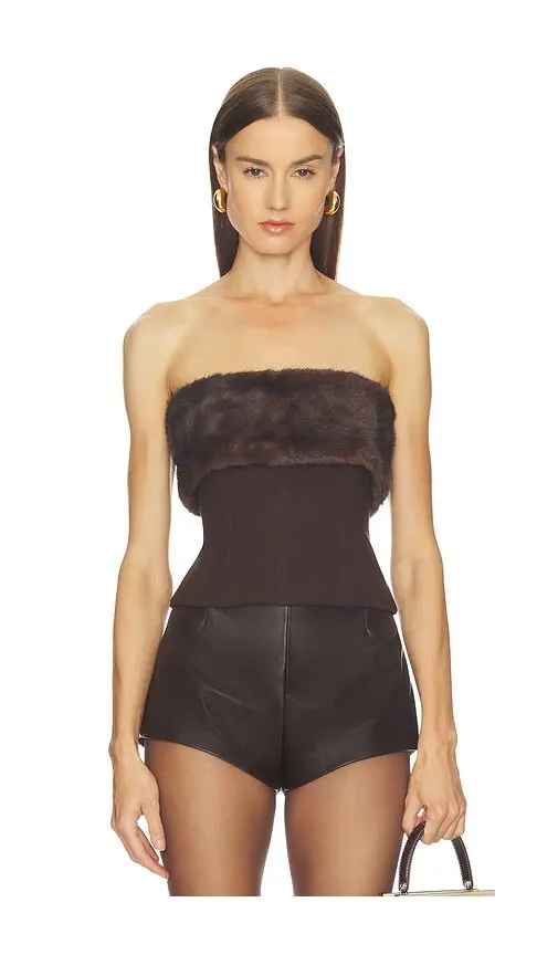 CAMILA COELHO Isadora Fur-trimmed Top - Chocolate