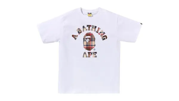 A BATHING APE Check College Tee Shirt - White/red
