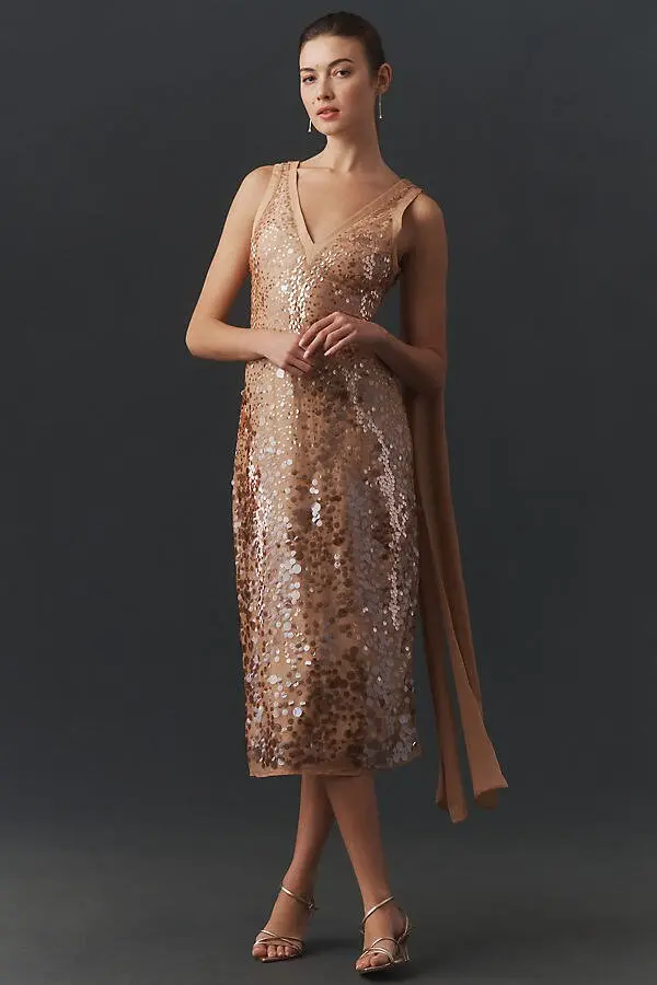 Bhldn Bella Sequined Plunged Midi Dress