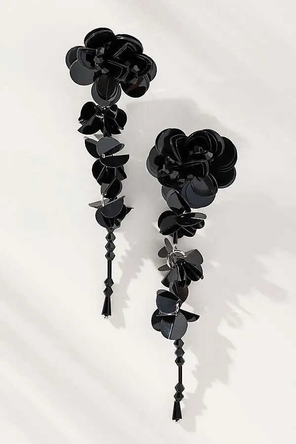 Anthropologie Paillette Floral Drop Earrings - Black