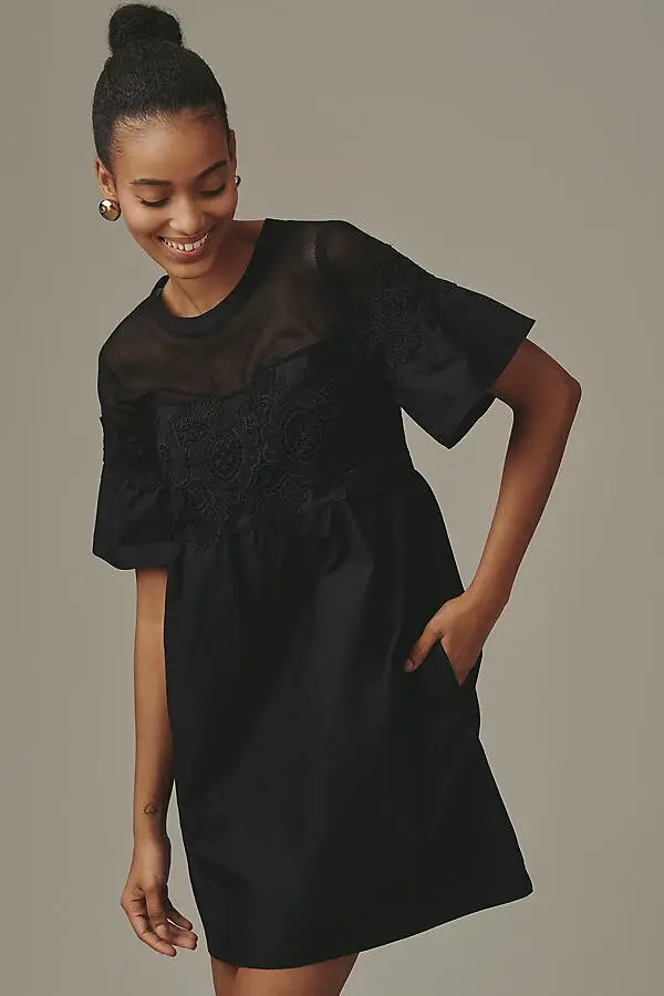 Anthropologie Embroidered Lace Panel Mini Dress - Black