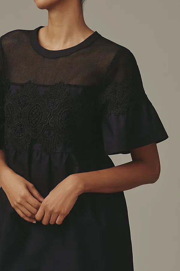 Anthropologie Embroidered Lace Panel Mini Dress - Black