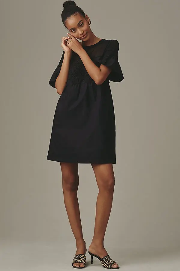 Anthropologie Embroidered Lace Panel Mini Dress - Black