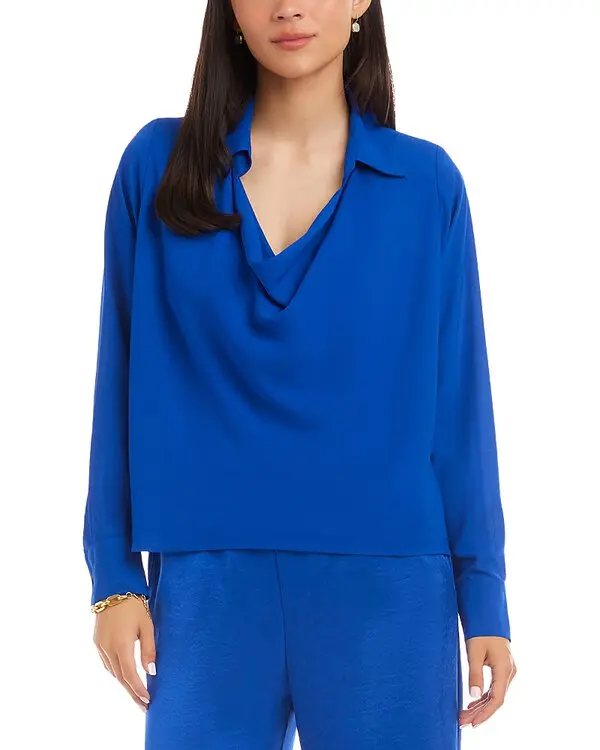 Karen Kane Long Sleeved Collared Cowl Neck Top - Sapphire Blue