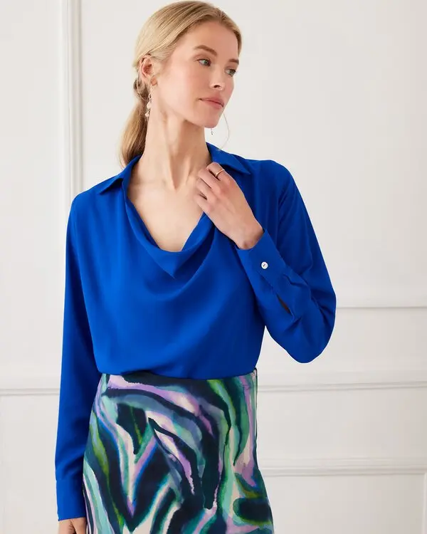 Karen Kane Long Sleeved Collared Cowl Neck Top - Sapphire Blue