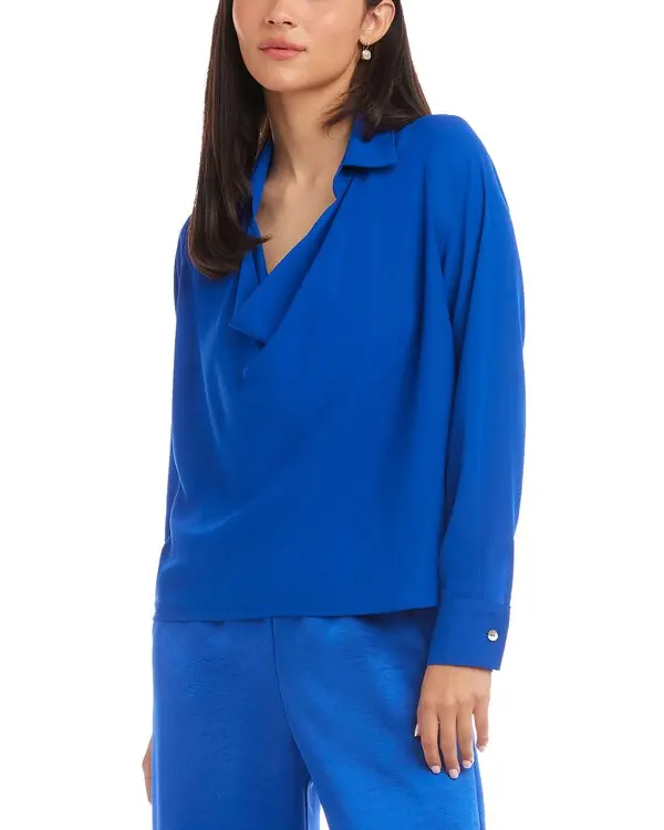 Karen Kane Long Sleeved Collared Cowl Neck Top - Sapphire Blue
