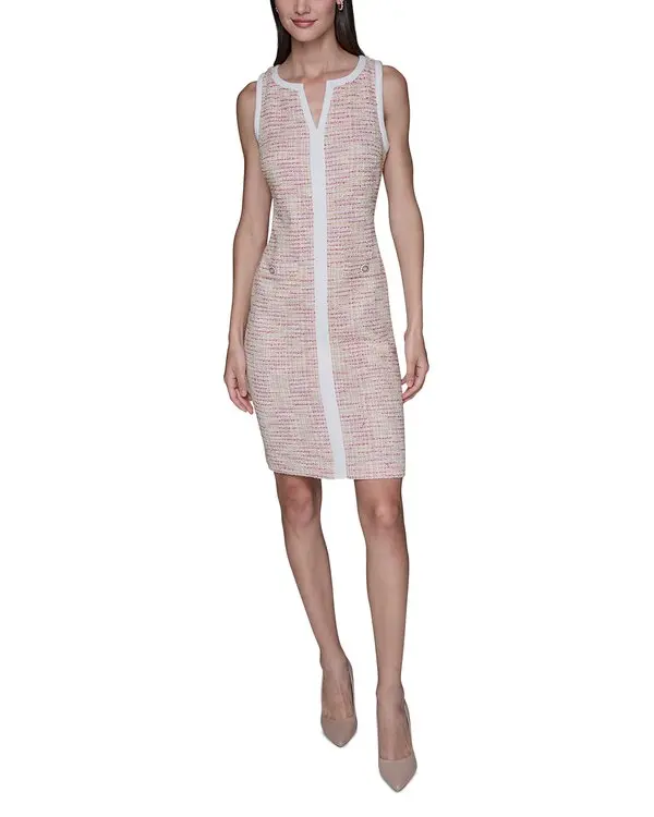 Karl Lagerfeld Paris Tweed Knit Sheath Dress - Hot Coral/ Soft White