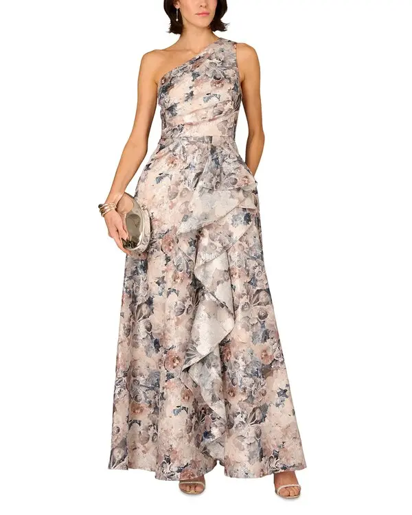 Aidan Mattox Printed Jacquard Long Gown