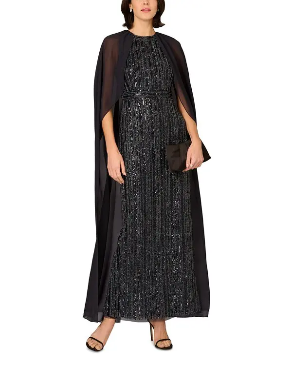 Aidan Mattox Beaded Cape Long Gown