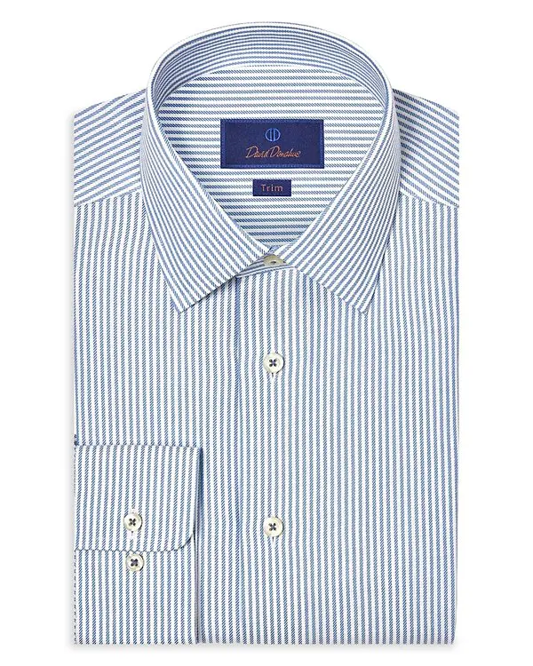 David Donahue Trim Fit Cashmere Blend Twill Micro Check Dress Shirt - White/blue