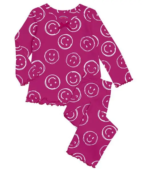 SARA’S PRINTS Loose Fit Ruffle Pj Set - Pink Smiley