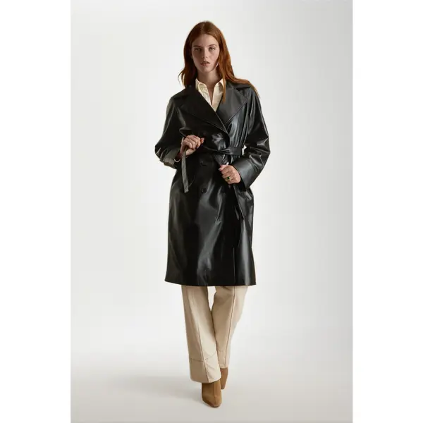 FURNIQ UK Leather Trench Coat - Black