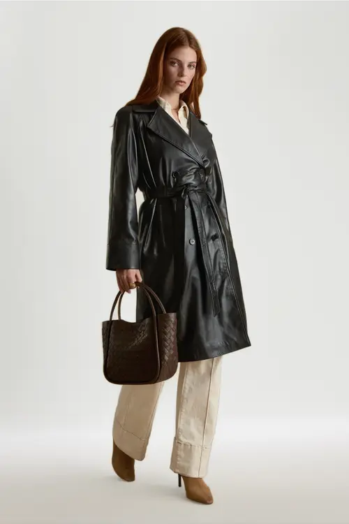 FURNIQ UK Leather Trench Coat - Black