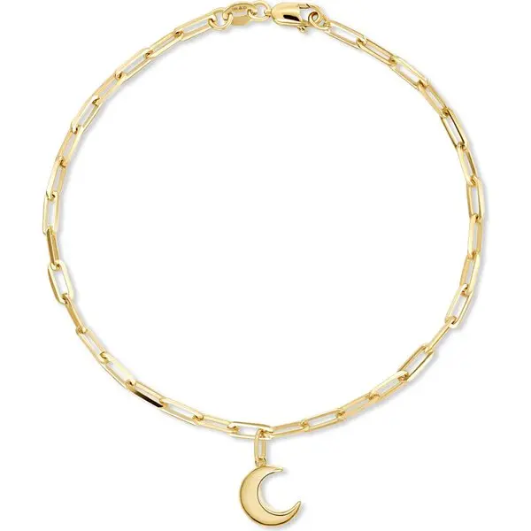 DEVATA Crescent Moon Charm Paperclip Chain Bracelet - Yellow Gold