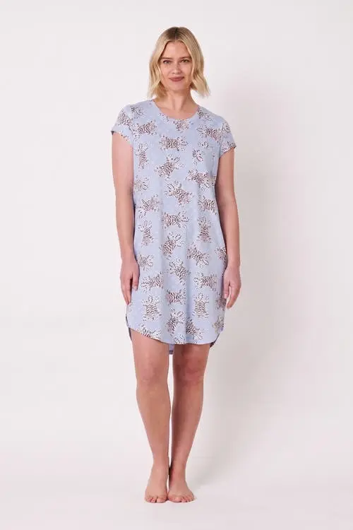 THE CAT'S PAJAMAS Striped Pima Knit Short-sleeved Sleep Shirt - Bengal Blue