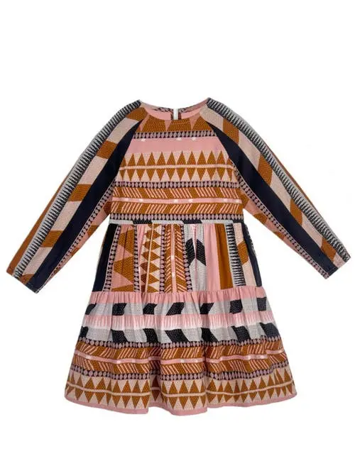 MIA BELLE GIRLS Long Sleeve Flared Skirt Dress - Brown