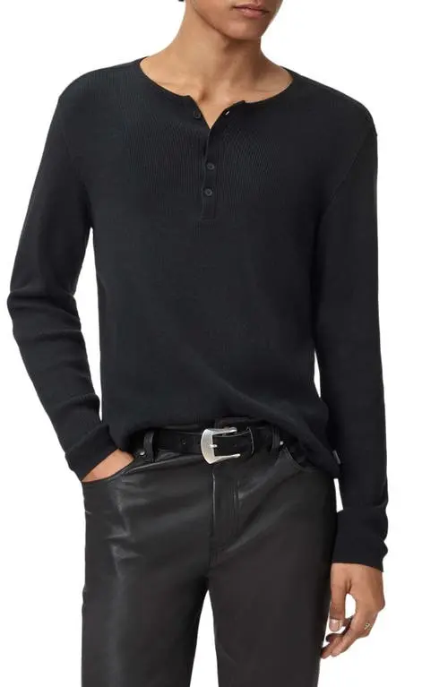 John Varvatos Organic Cotton & Cashmere Ribbed Henley - Black