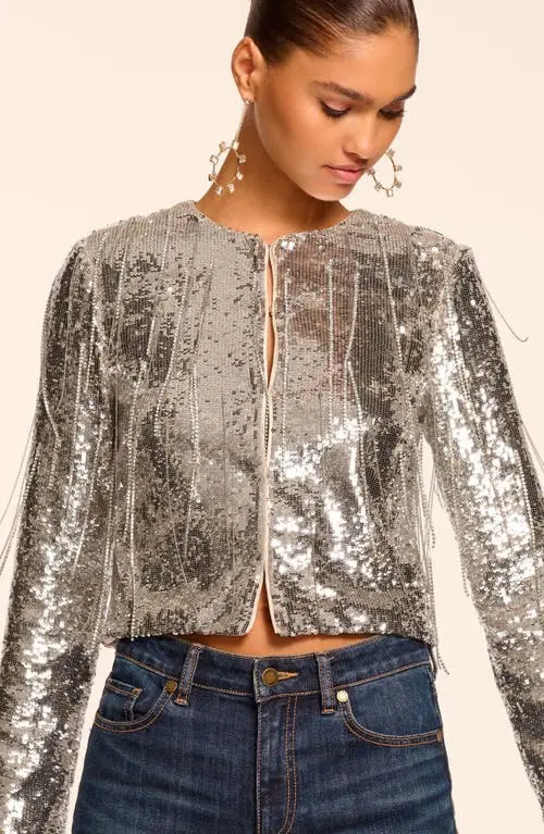 Ramy Brook Sapphire Sequin Fringe Crop Jacket