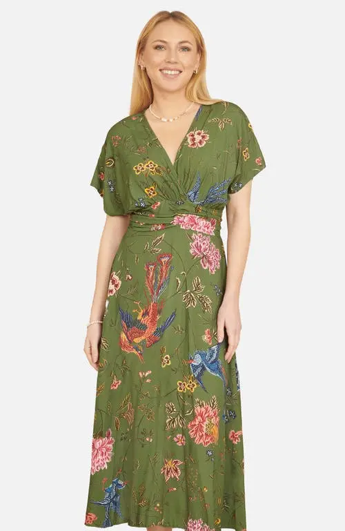 YUMI Ruched Waist Midi Dress With Printed Design - Green
