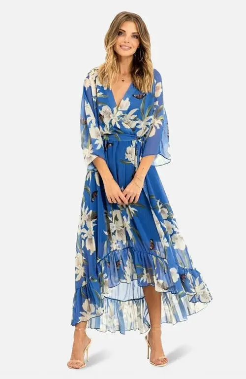 YUMI Dip Hem Sleeve Dress - Blue
