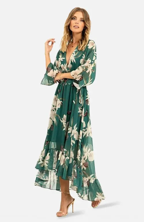 YUMI Dip Hem Sleeve Dress - Green