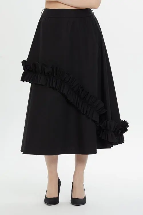 GIZIA Cotton Midi Skirt With Asymmetric Ruffle Detailing