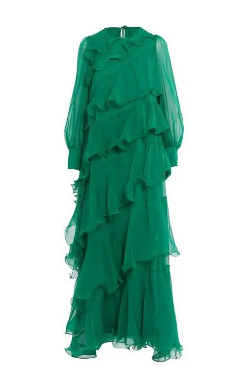 GIZIA Asymmetric Ruffle Detail Maxi Dress - Green