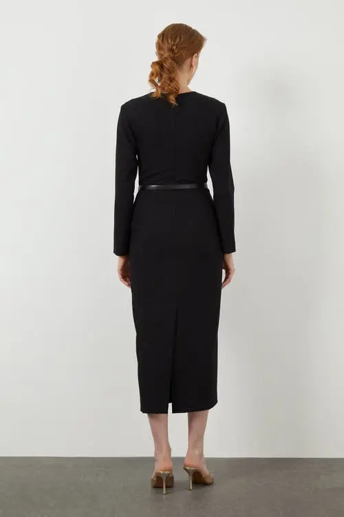 GIZIA Belted V-neck Midi Pencil Dress