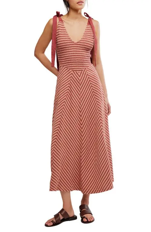 Free People Cecelia Stripe Tie Shoulder Midi Dress - Burnt Henna Combo
