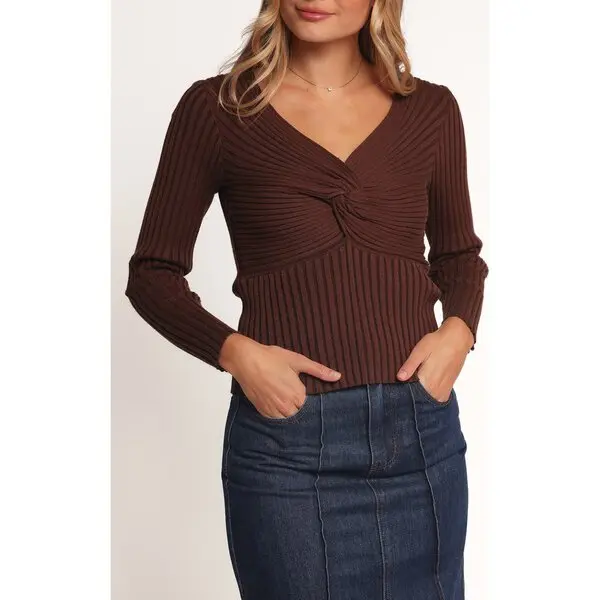 PETAL & PUP Demi Twist Ribbed Sweater - Brown